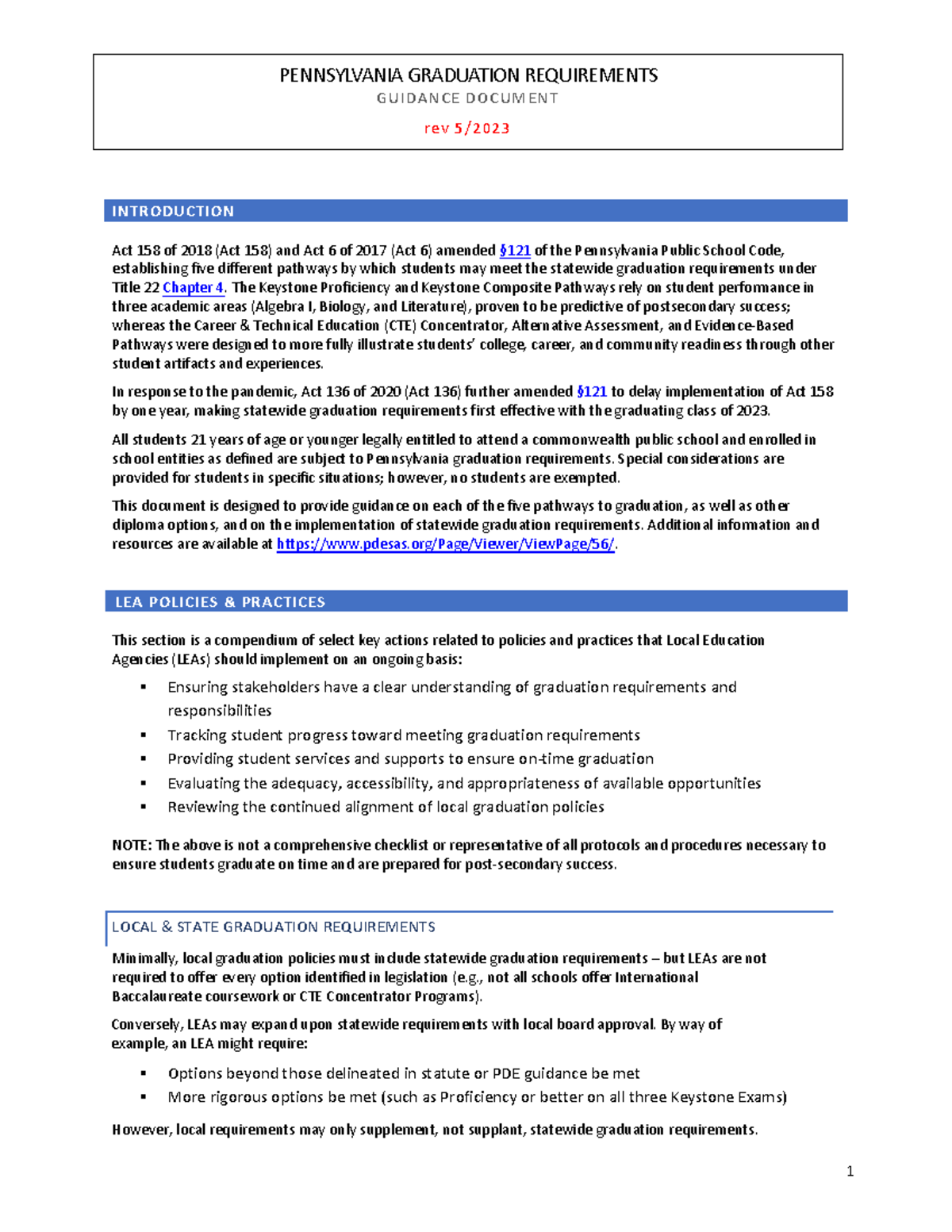 Rev PA HS Grad Req Guidance 5-23-23 - GUIDANCE DOCUMENT rev 5 ...