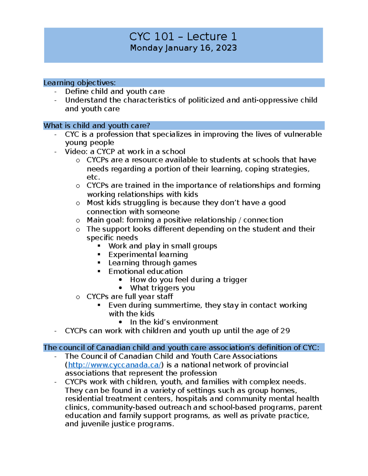 CYC 101 - Lecture 1 - Learning objectives: - Define child and youth ...