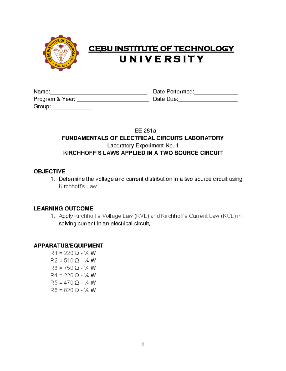 EE281A LM Experiment-No - CEBU INSTITUTE OF TECHNOLOGY U N I V E R S I ...