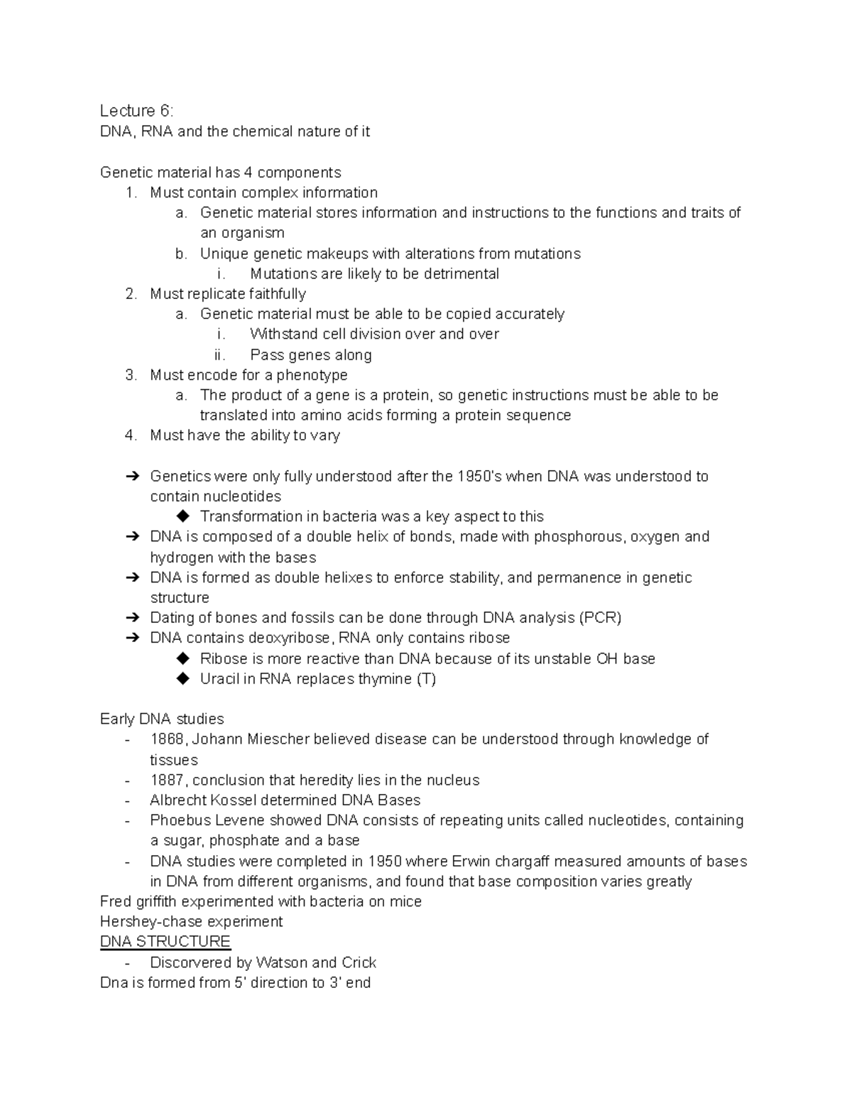 Biol 2050-lecture 6 notes - Lecture 6: DNA, RNA and the chemical nature ...