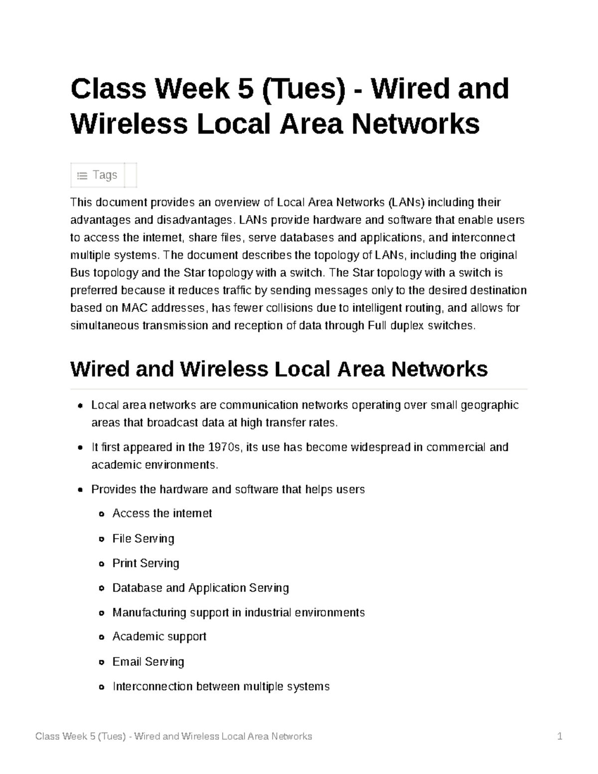 Class Week 5 (Tues) - Wired and Wireless Local Area Networks - LANs ...