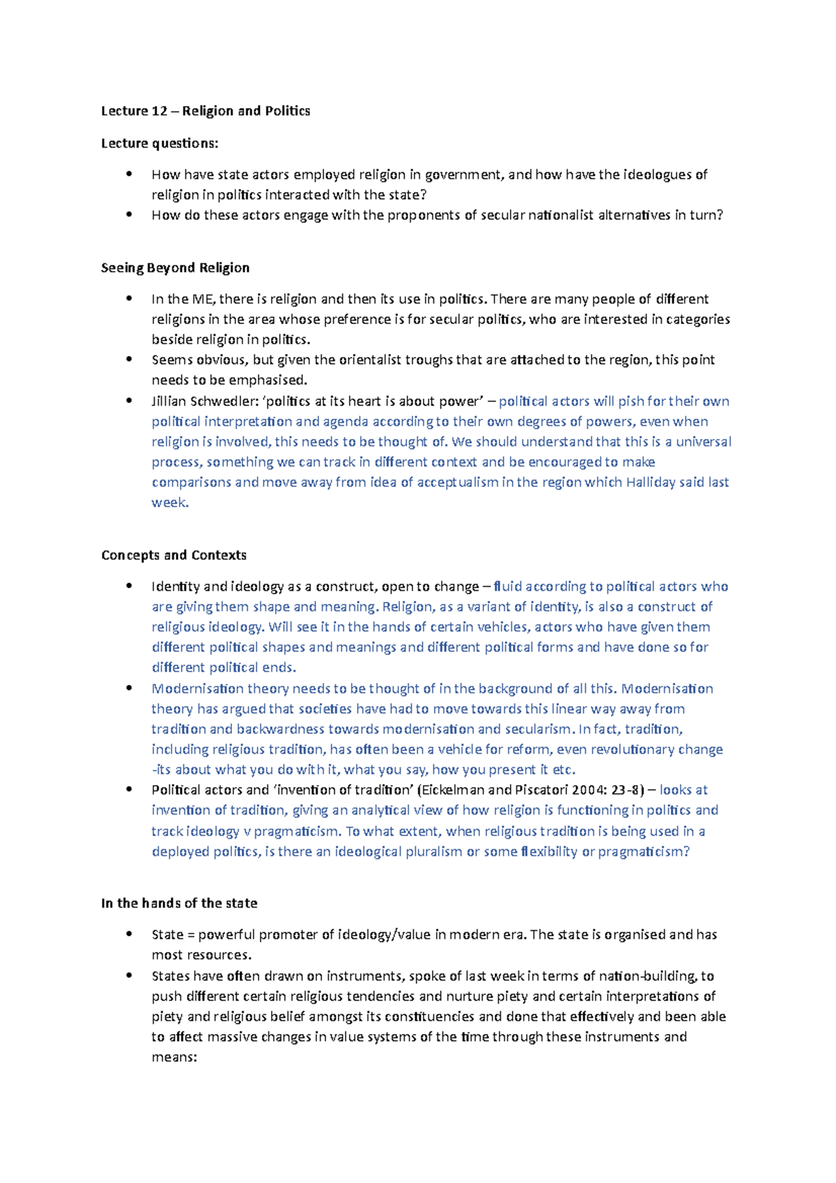 Lecture 12 - religion and politics - Lecture 12 – Religion and Politics ...