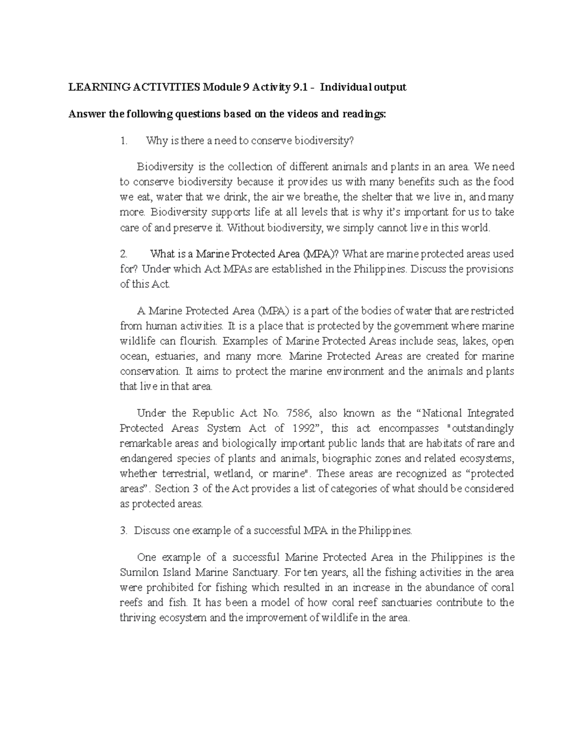 Biodiversity - LEARNING ACTIVITIES Module 9 Activity 9 - Individual ...