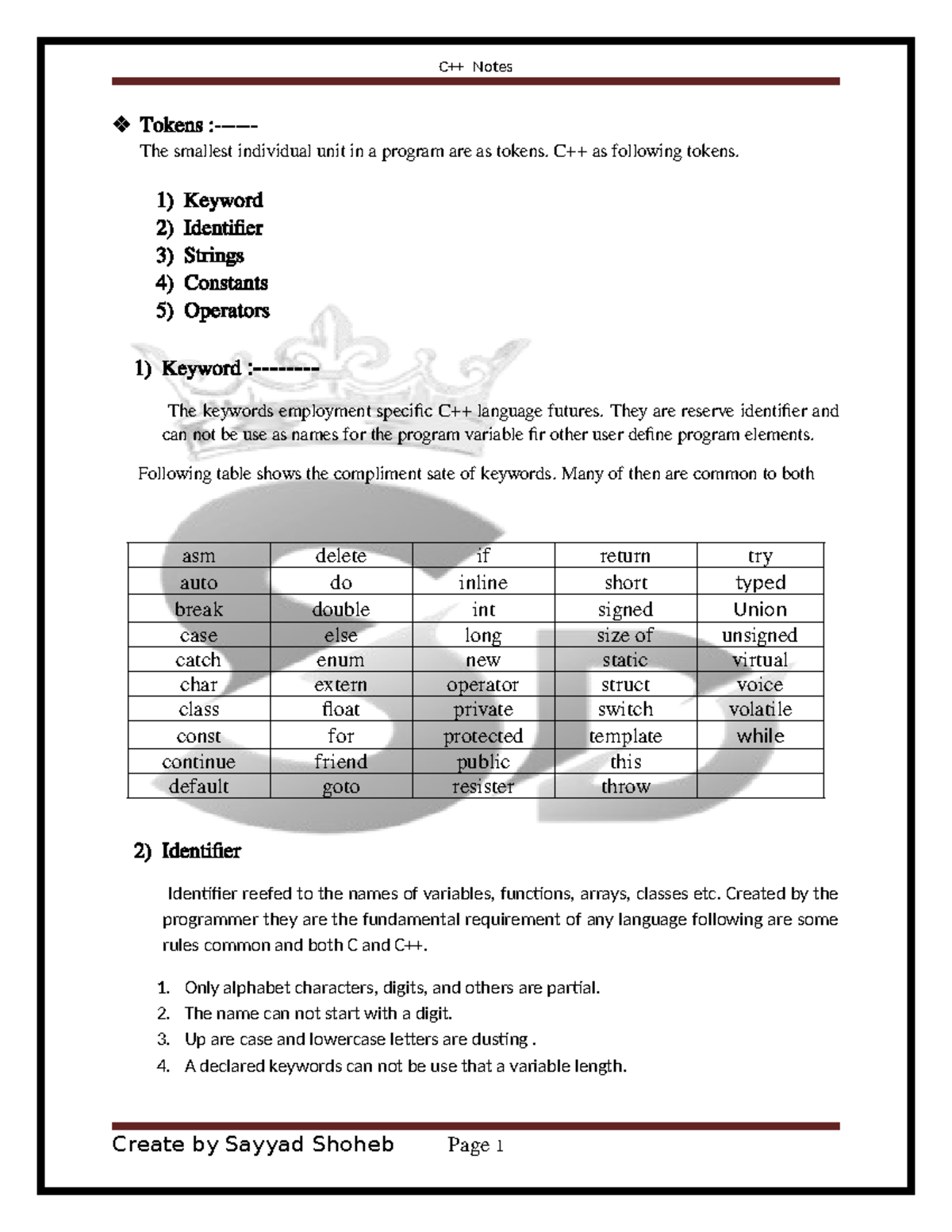 C++ notes - Tokens :- The smallest individual unit in a program are as ...