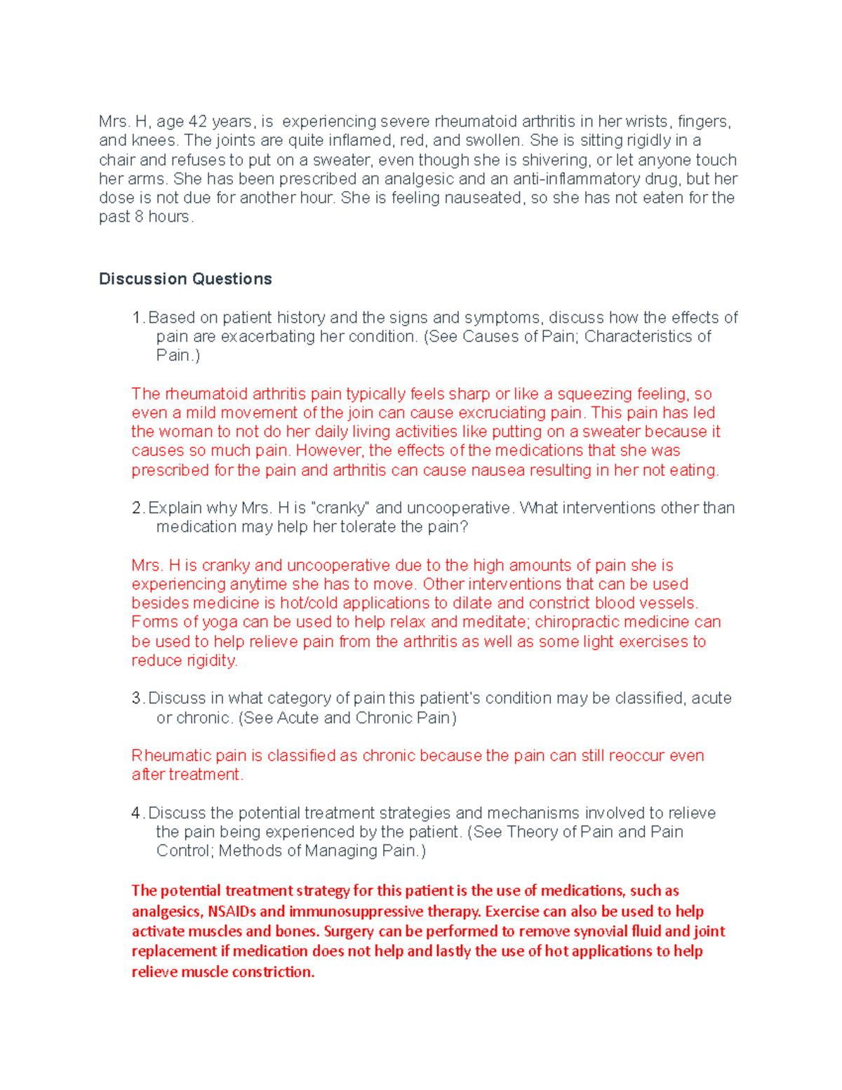 Arthritis Case Study - Mrs. H, age 42 years, is experiencing severe ...