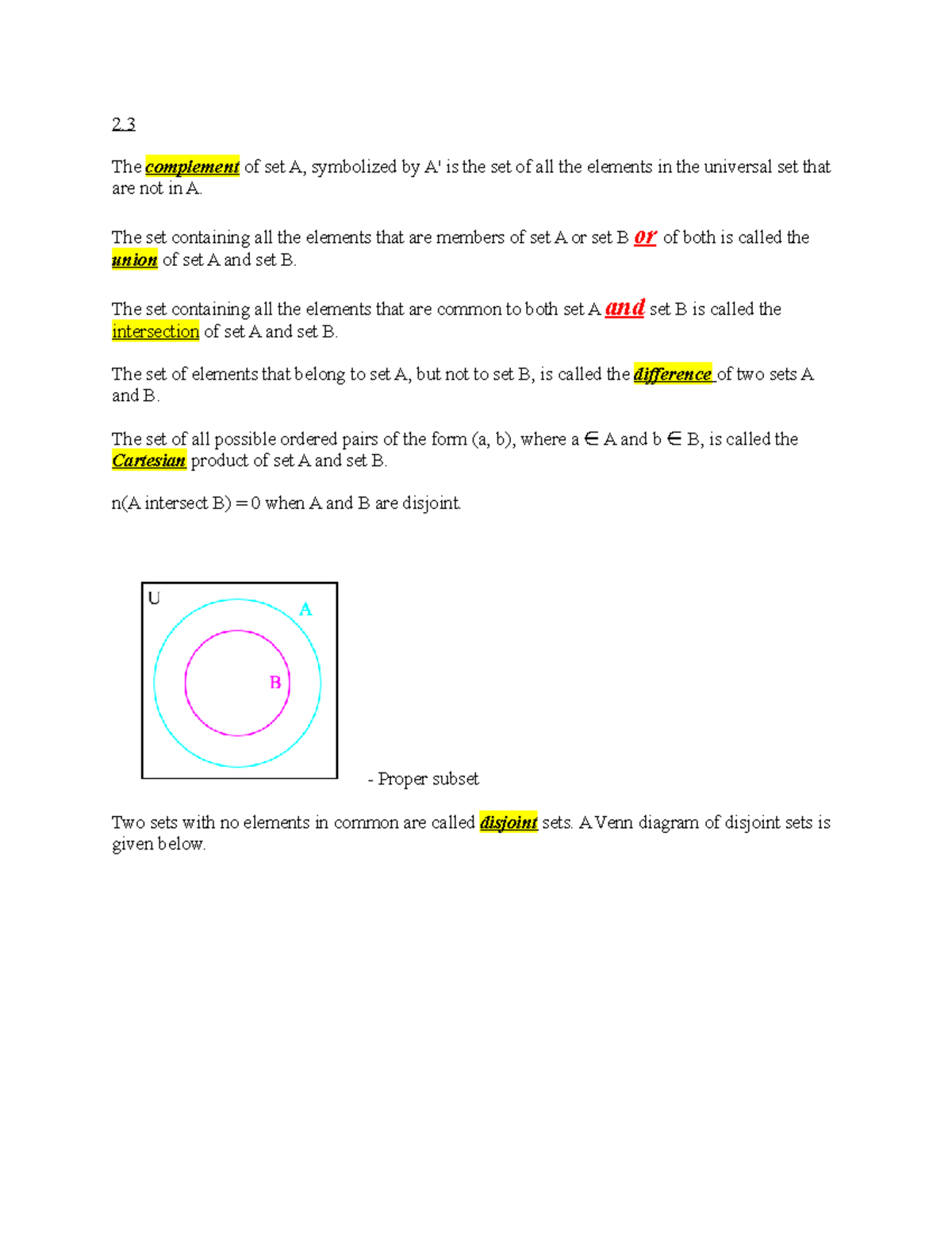 Study guide for Math Assessments - 2. The complement of set A ...
