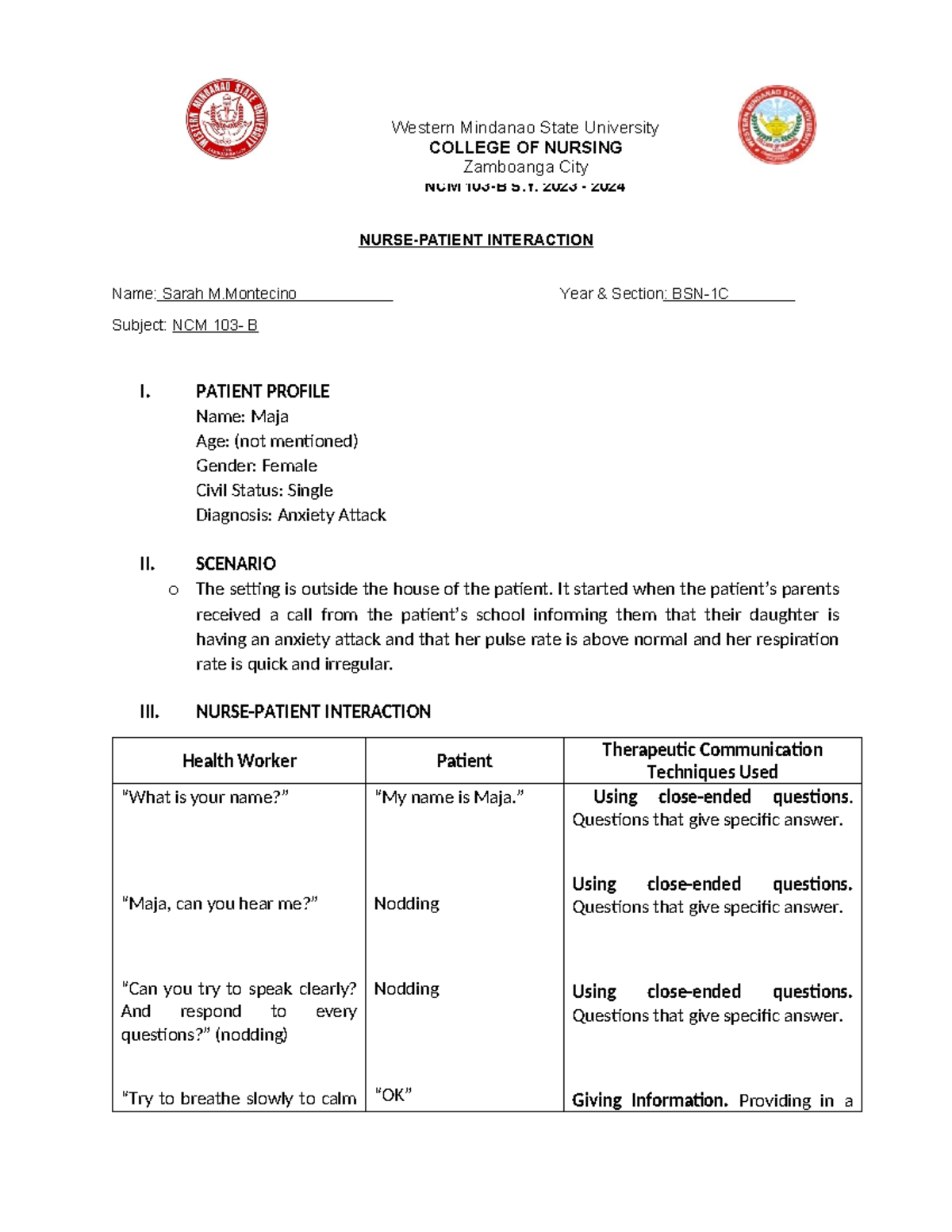 Nurse-Patient Interaction - NCM 103-B S. 2023 - 2024 NURSE-PATIENT ...