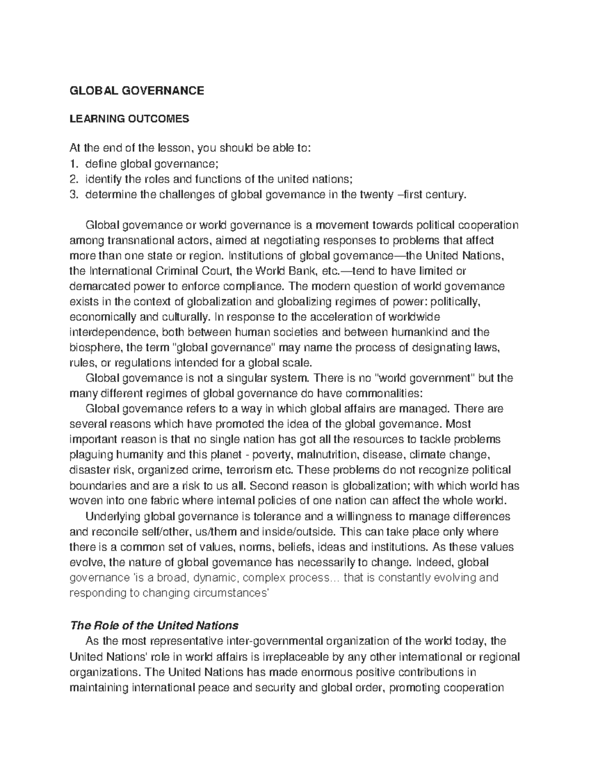 Week 5, Global governance - GLOBAL GOVERNANCE LEARNING OUTCOMES At the ...