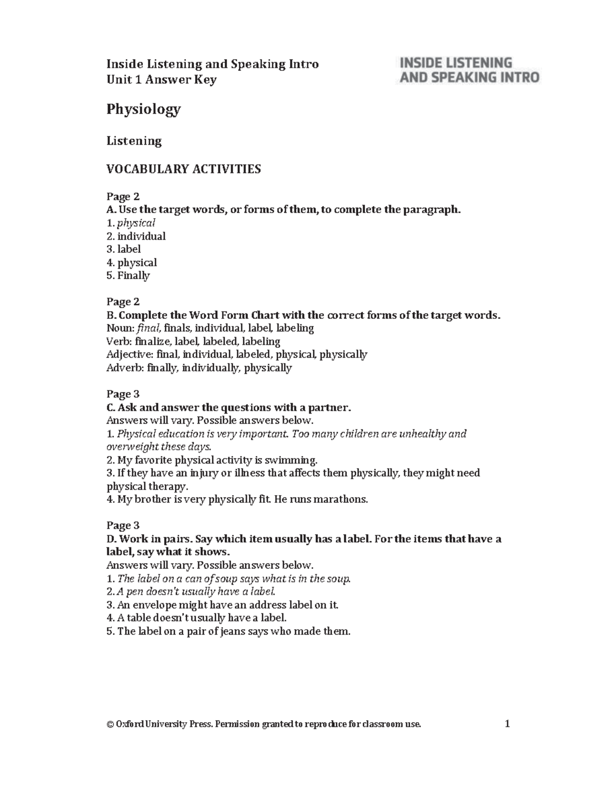 Inside Listening Speaking Intro AK - Unit 1 Answer Key Physiology ...