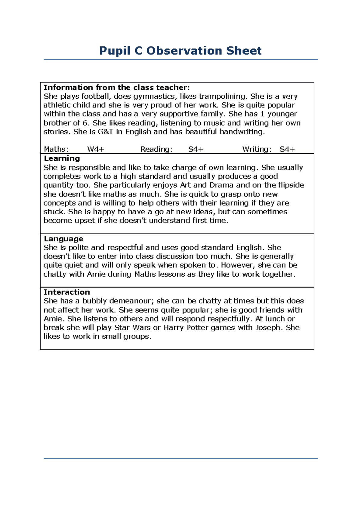 Pupil Observation Sheet - Pupil C Observation Sheet Information from ...
