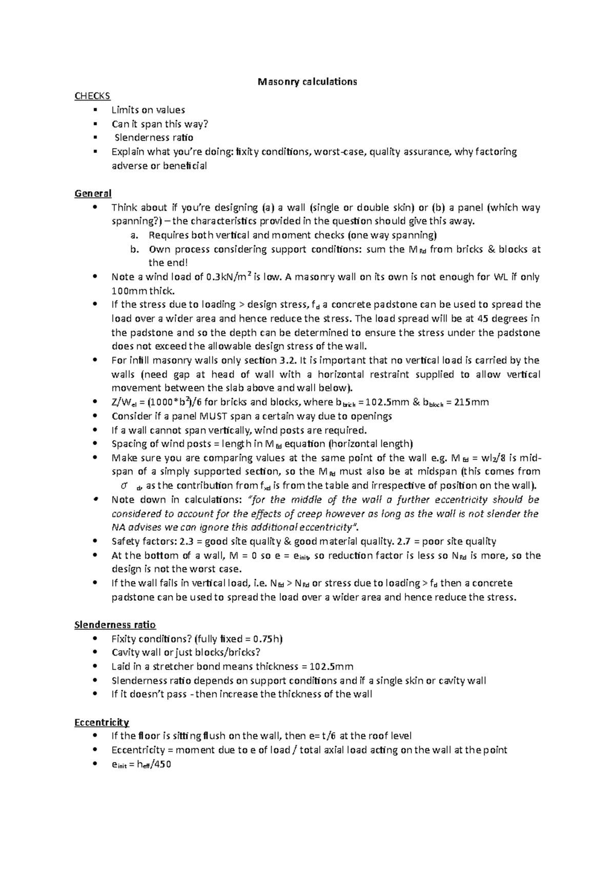 Masonry Calculation Notes - Masonry calculations CHECKS Limits on ...