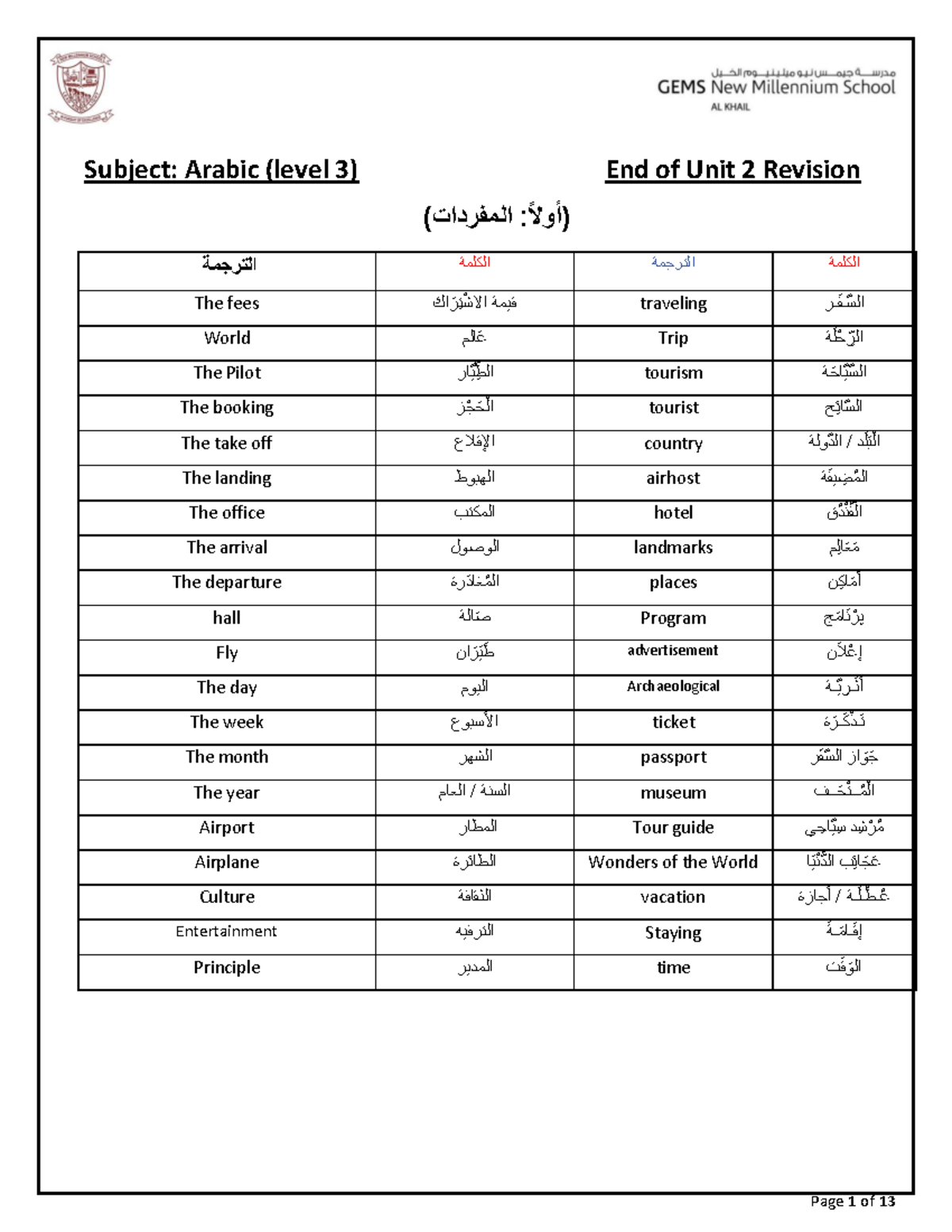 Arabic- Grade 8 answer - about revison - j Subject: Arabic (level 3 ...