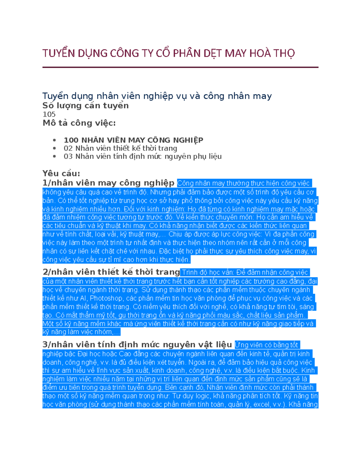 TUYỂN DỤNG CÔNG TY CỔ PHẦN DỆT MAY HOÀ THỌ - Đạo đức trong công việc - Studocu