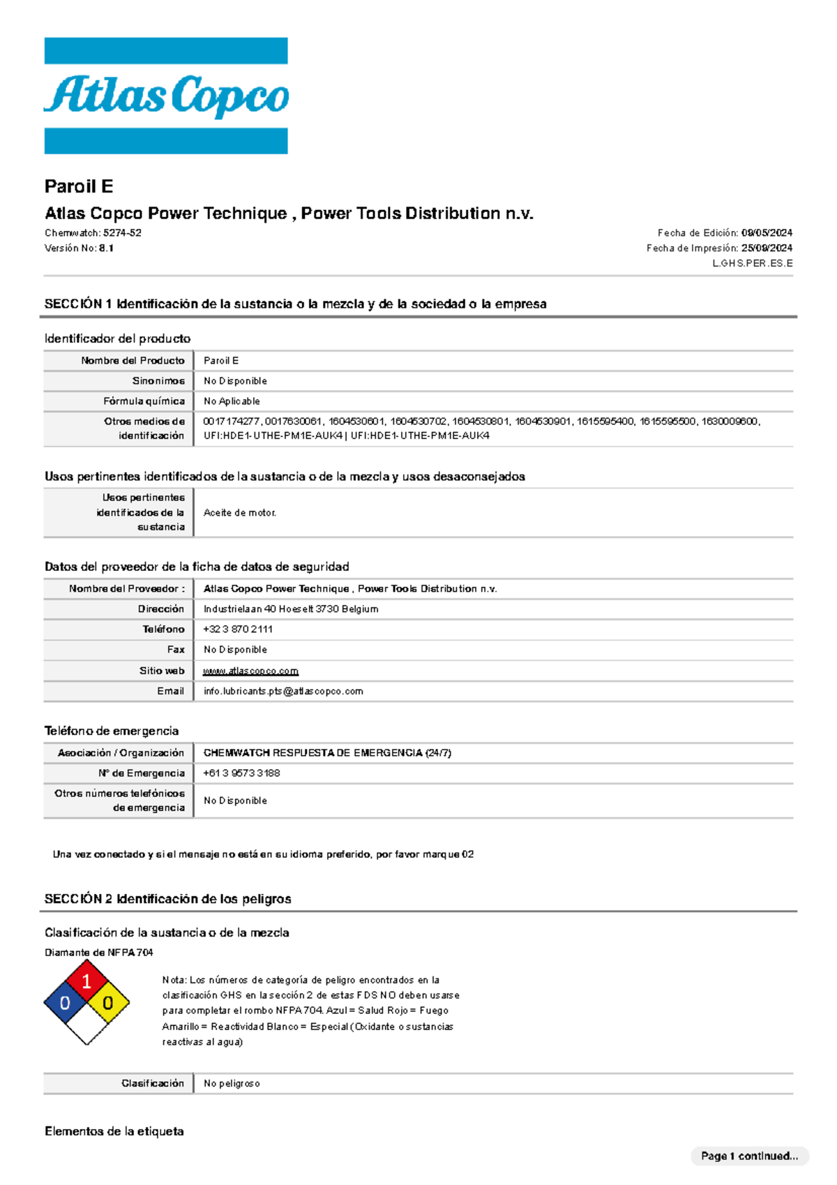 Hoja msds Paroil E - Paroil E Atlas Copco Power Technique , Power Tools ...