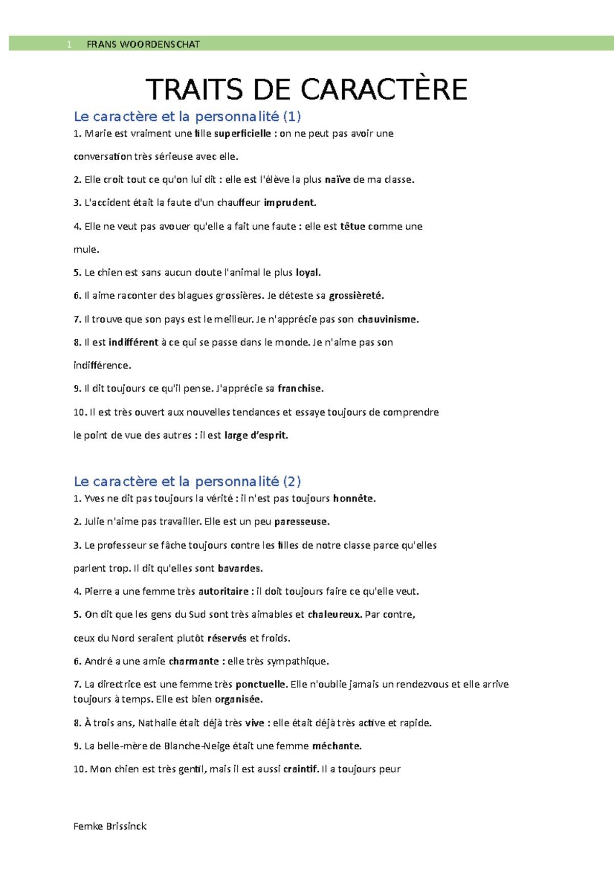 Traits DE Caractère - TRAITS DE CARACTÈRE Le caractère et la ...