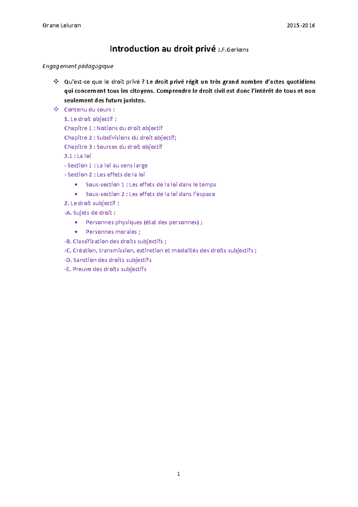 Synthèse 2 - Warning: TT: undefined function: 32 Introduction au droit privé J.F Engagement ...