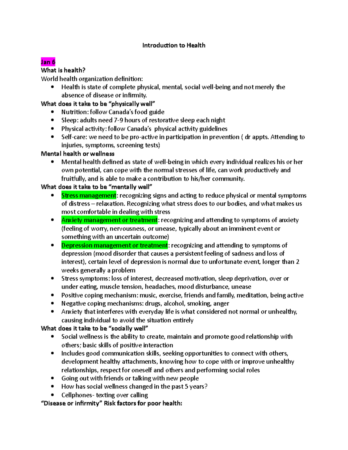 Introduction to Health notes - Introduction to Health Jan 6 What is ...