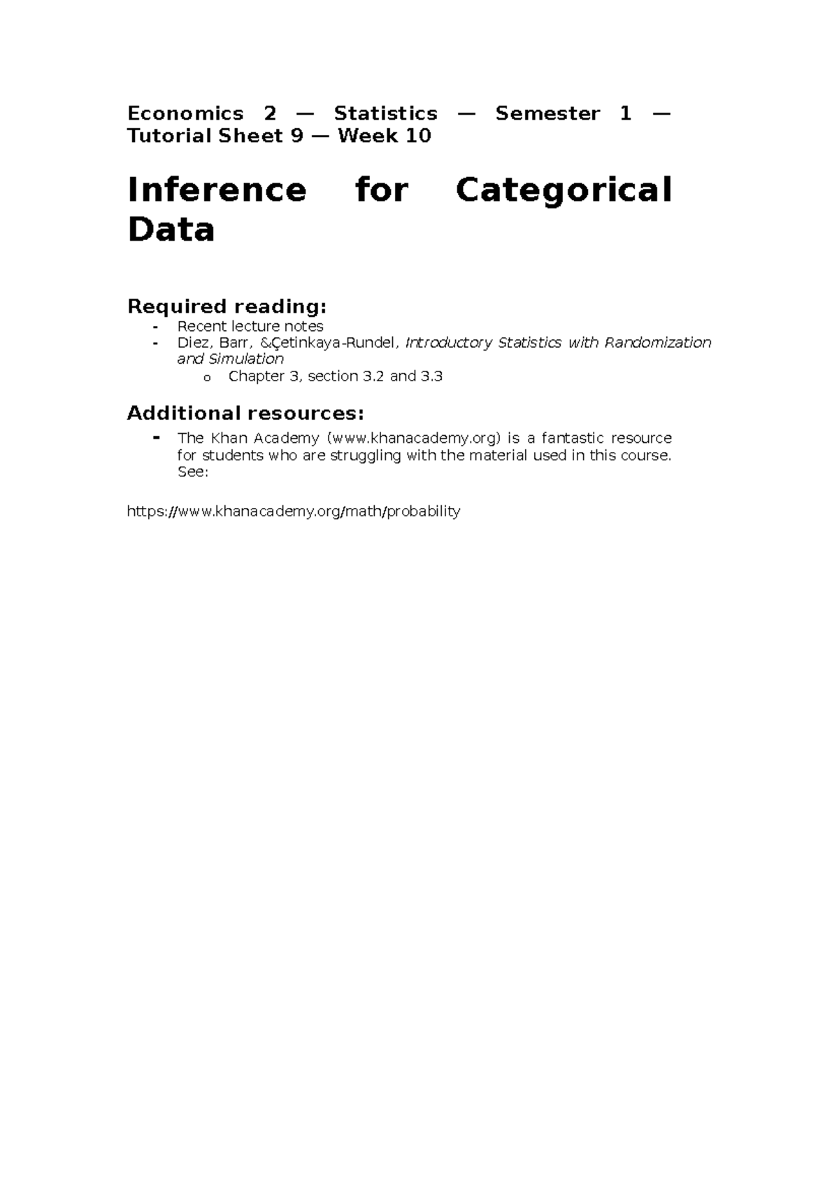 Statistics Tutorial 9 Solutions - Economics 2 — Statistics — Semester 1 ...