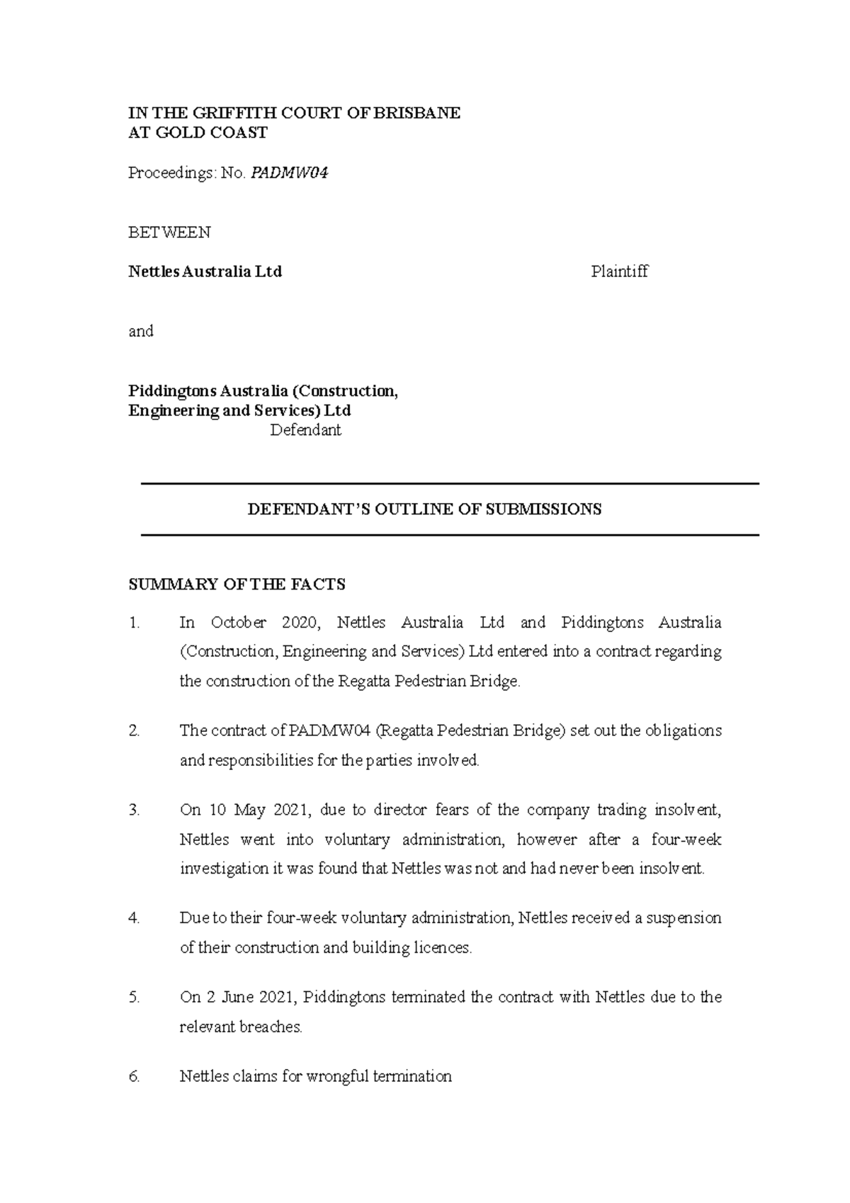 Week 5 Outline of Argument Submission - 1030LAW - Griffith - Studocu