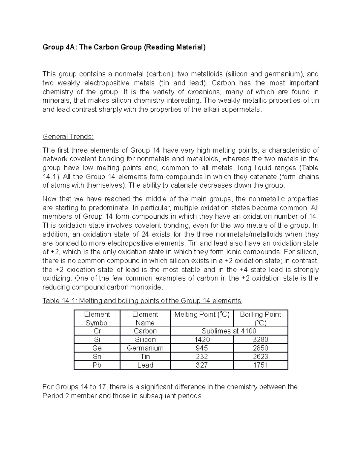 Group 4A reading material for - Group 4A: The Carbon Group (Reading ...