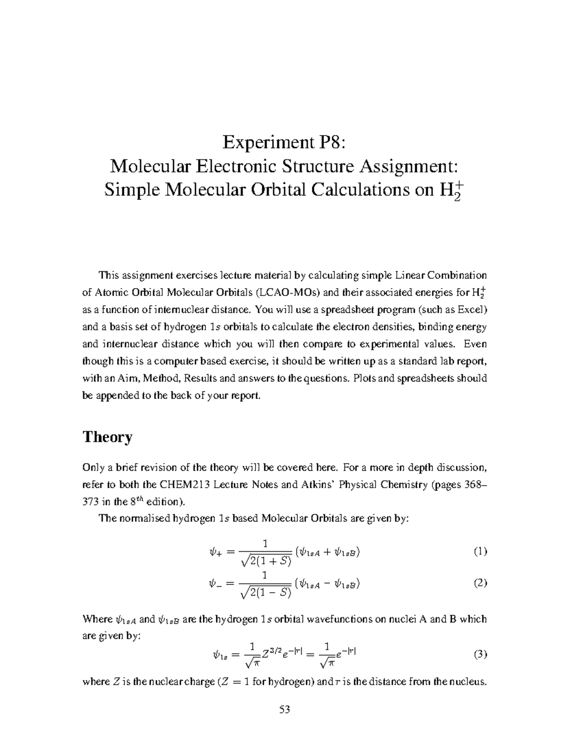 Exp P8 2024 Indstructions - Experiment P8: Molecular Electronic Structure Assignment: Simple ...