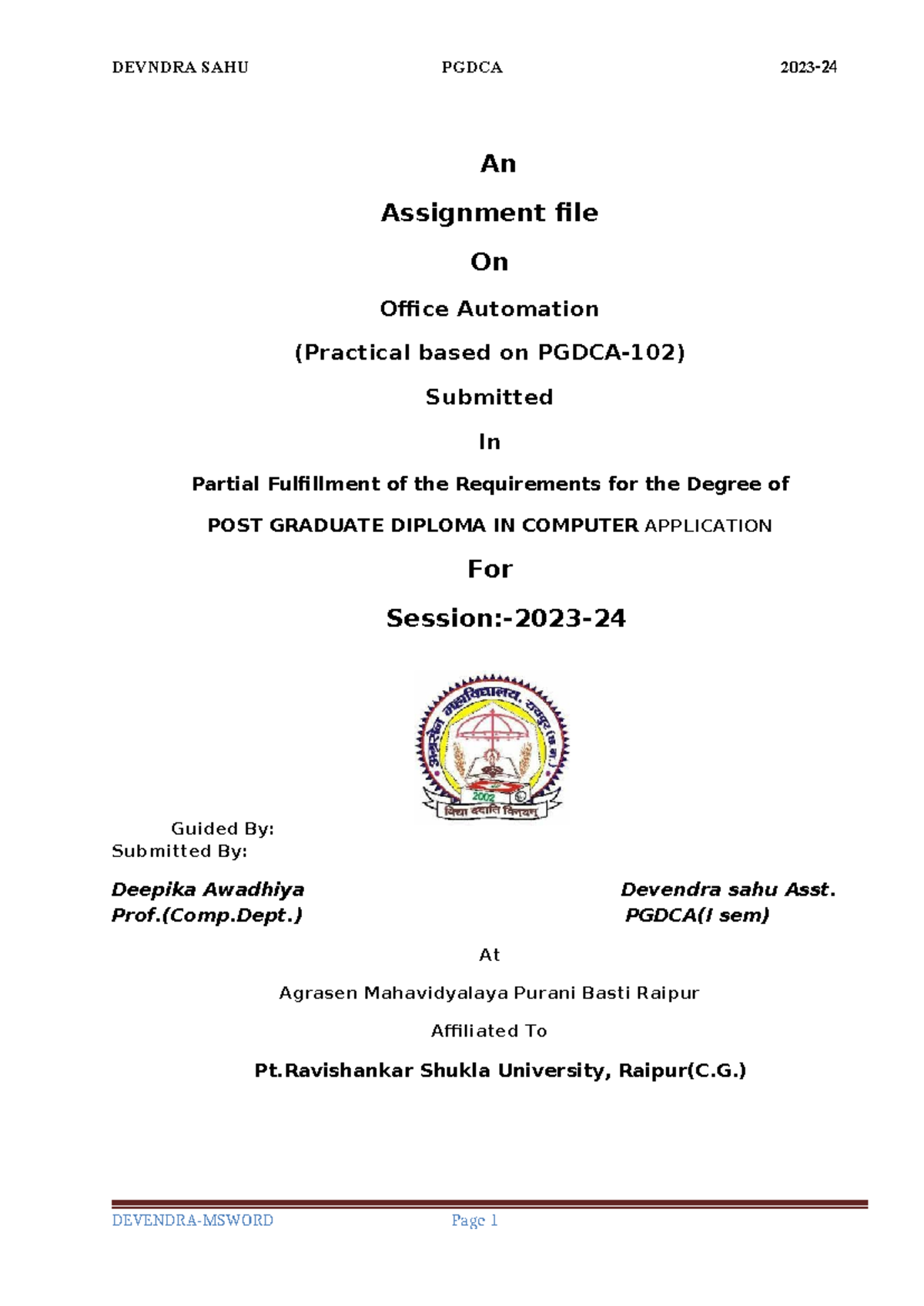 Devendra sahu (soft copy) - An Assignment file On Office Automation (Practical based on PGDCA ...