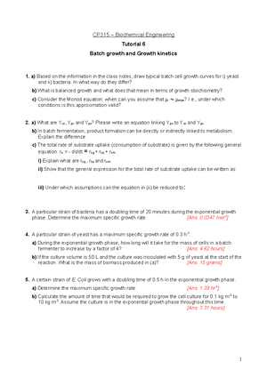 Tutorial 4 Ideal Enzymatic Reactors - 1 CP315 – Biochemical Engineering Tutorial 4 Ideal ...