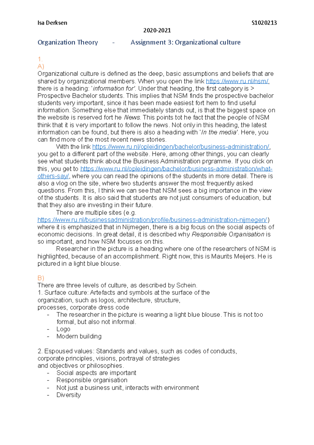 Organization Theory assignment 3 - Isa Derksen S 2020- Organizaion ...