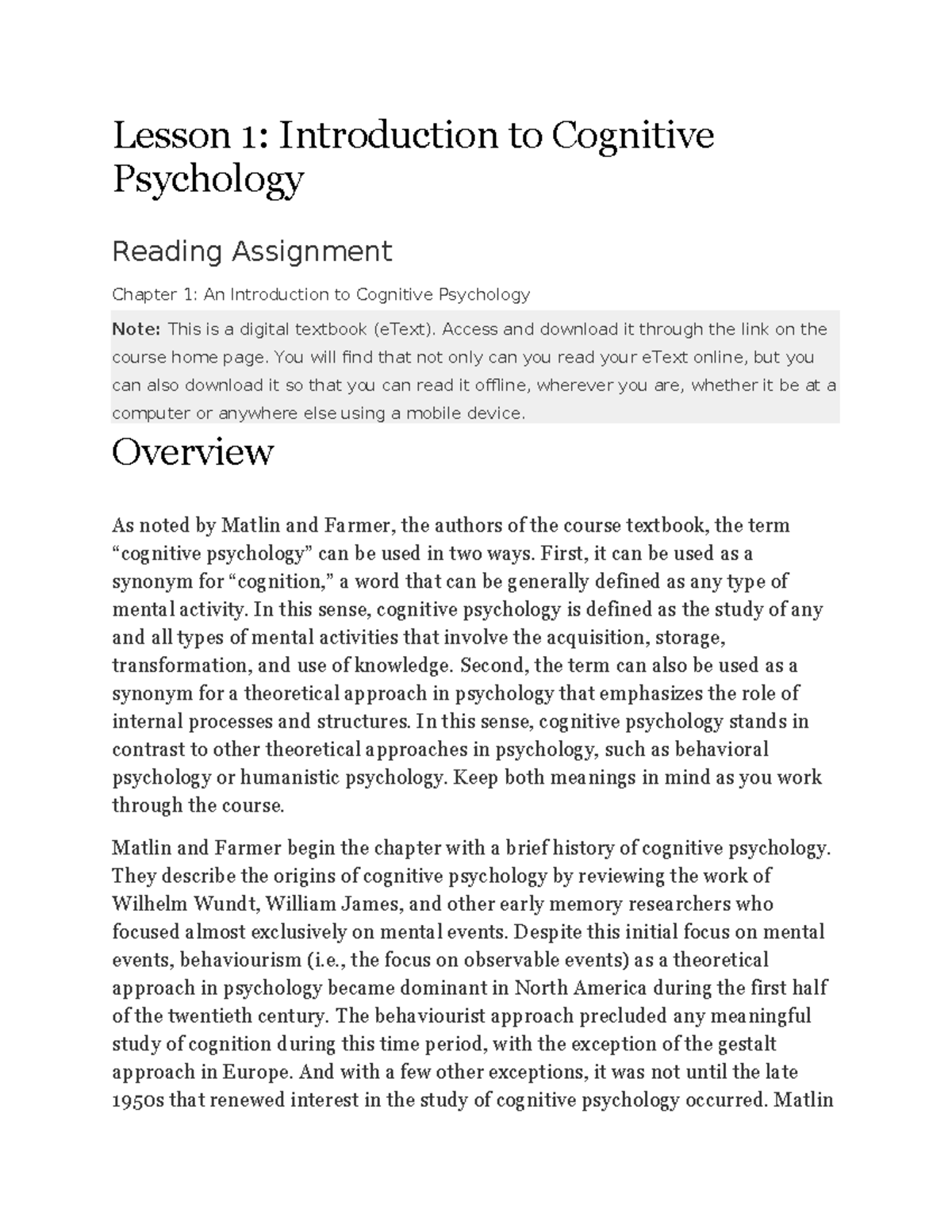 Lesson 1 - Lesson 1: Introduction to Cognitive Psychology Reading ...
