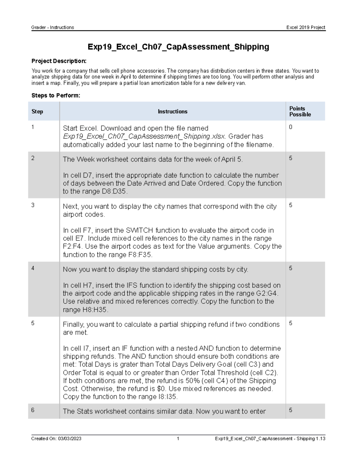 Exp19 Excel Ch07 Cap Assessment Shipping Instructions - Grader - Instructions Excel 2019 Project ...
