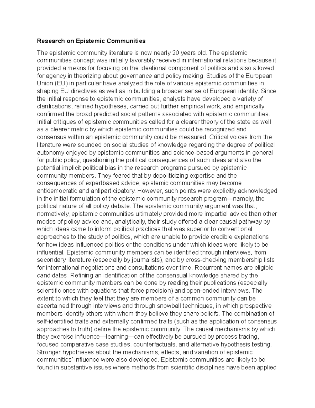 Research on Epistemic Communities - The epistemic communities concept ...