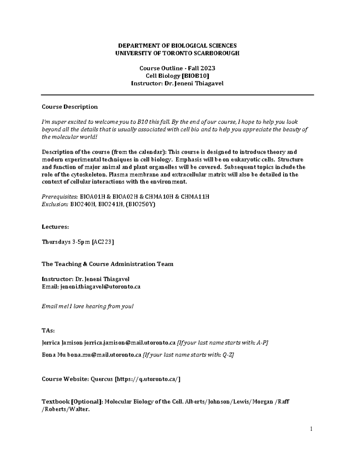 Fall2023 BIOB10 Course Syllabus Thiagavel J - DEPARTMENT OF BIOLOGICAL SCIENCES UNIVERSITY OF ...
