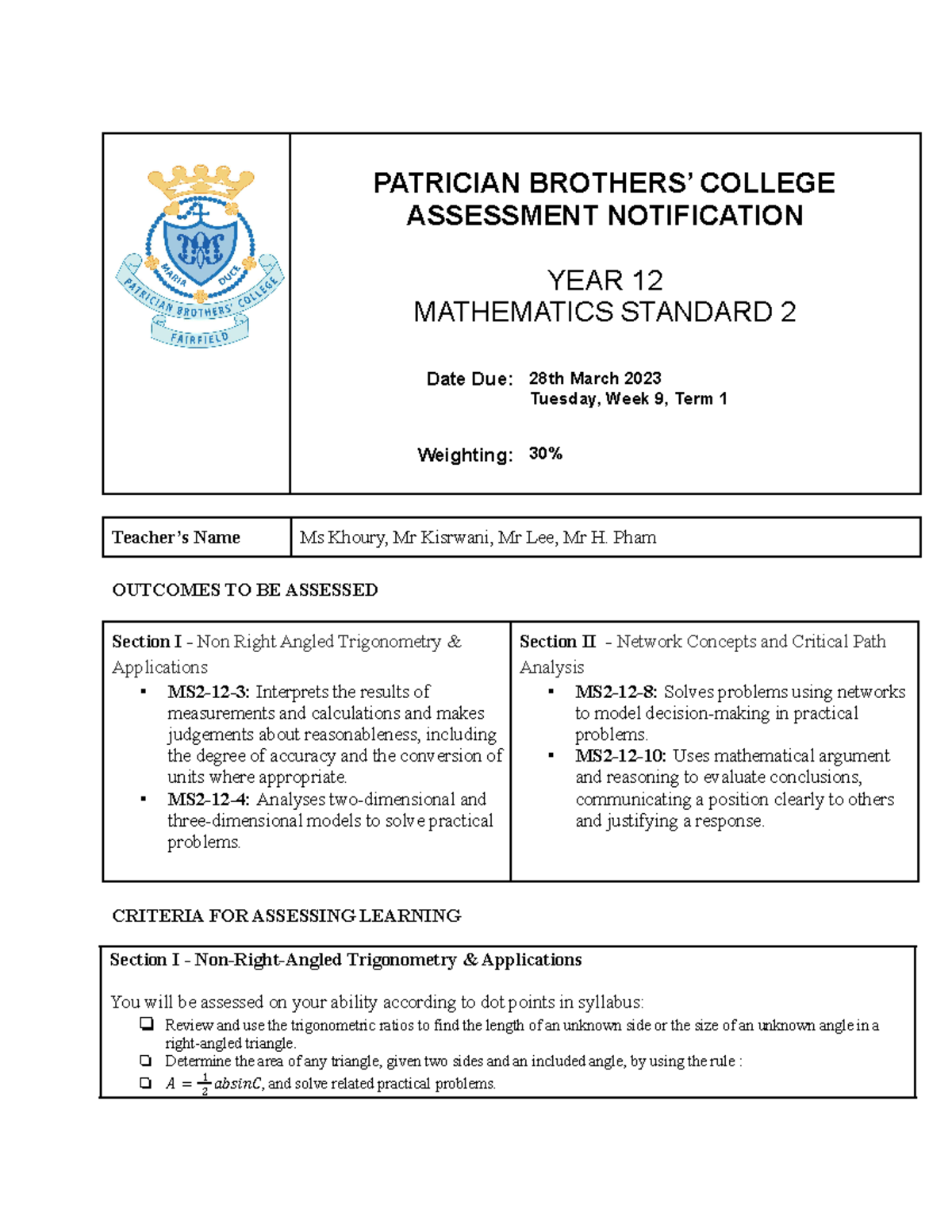 Maths Tuesday Week 9 - ... - PATRICIAN BROTHERS’ COLLEGE ASSESSMENT ...