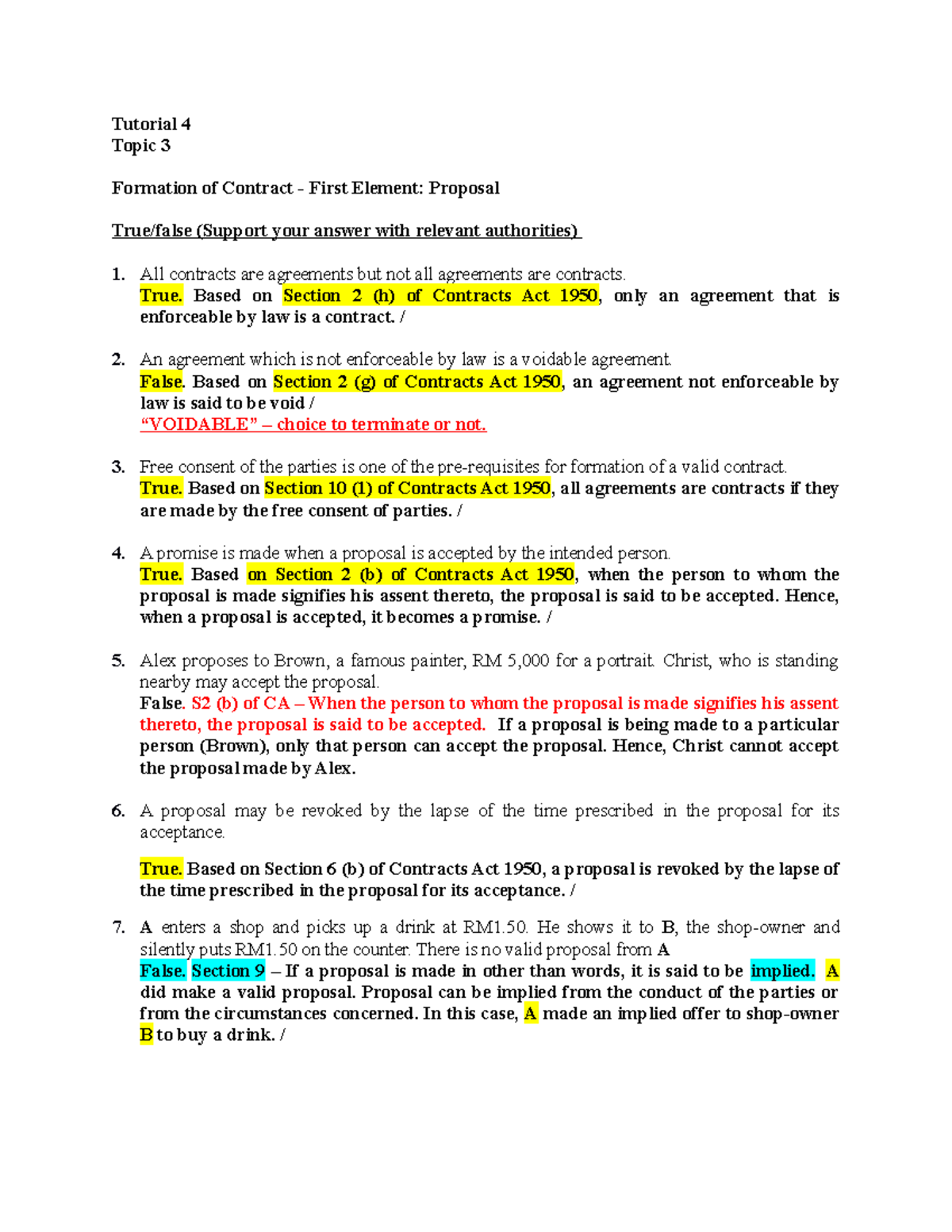 TUT 4 - Topic 3 (PART A) (answers) - Tutorial 4 Topic 3 Formation of Contract - First Element ...