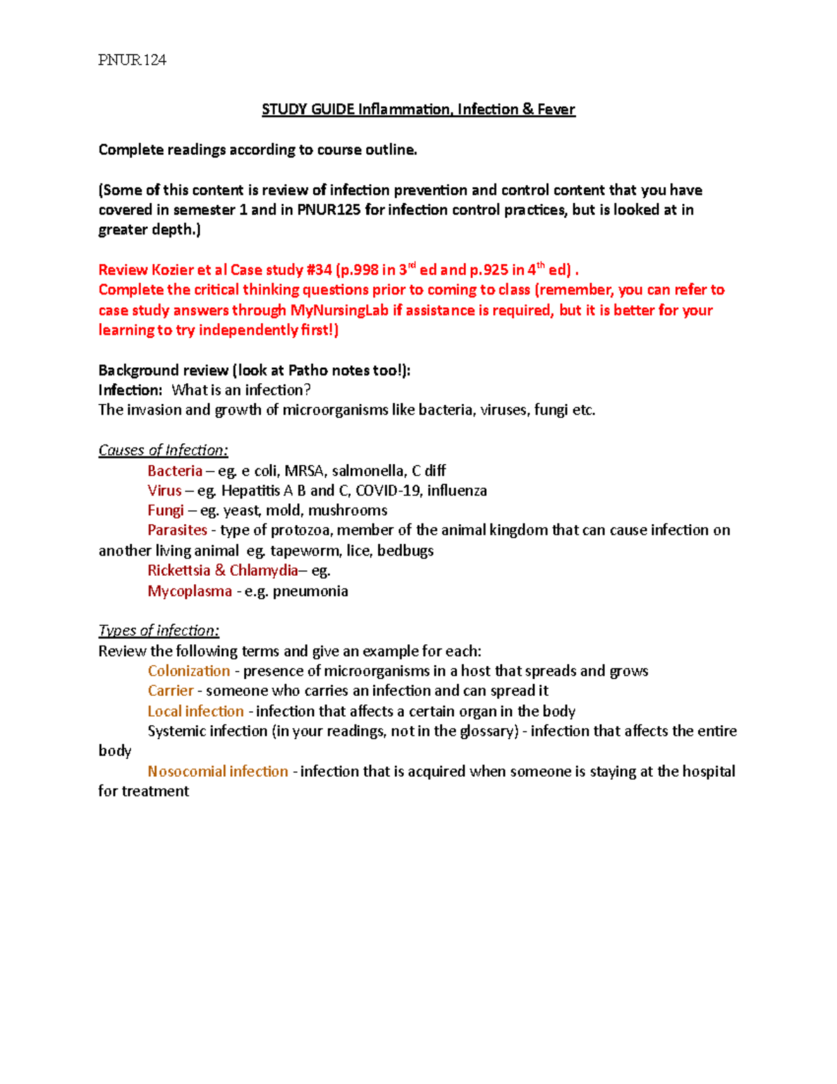 Week 4 Study Guide - Infection - STUDY GUIDE Inflammation, Infection ...