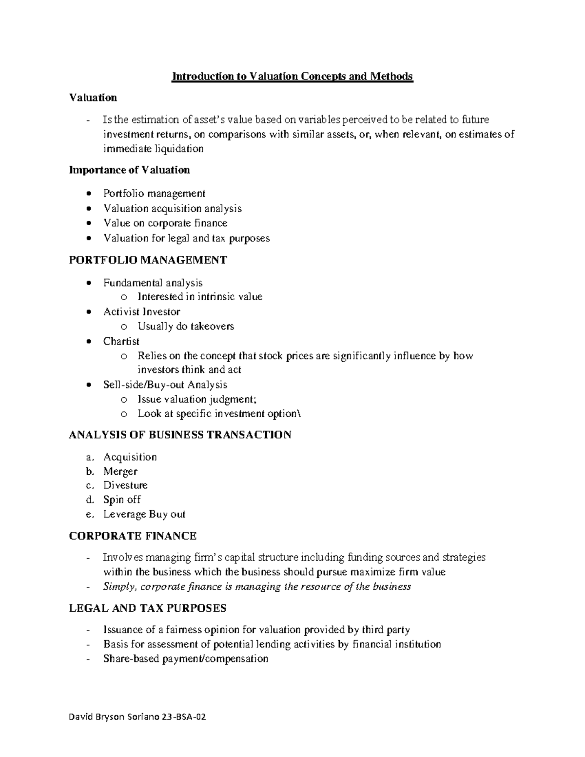 VCM- Notes - Valuation - Introduction to Valuation Concepts and Methods ...