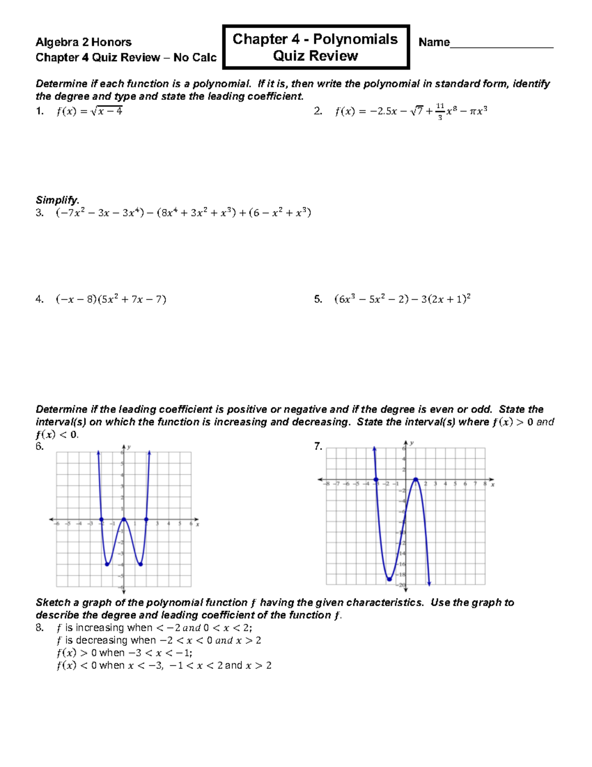 Chapter 4 - Polynomials Quiz Review - Algebra 2 Honors Name ...