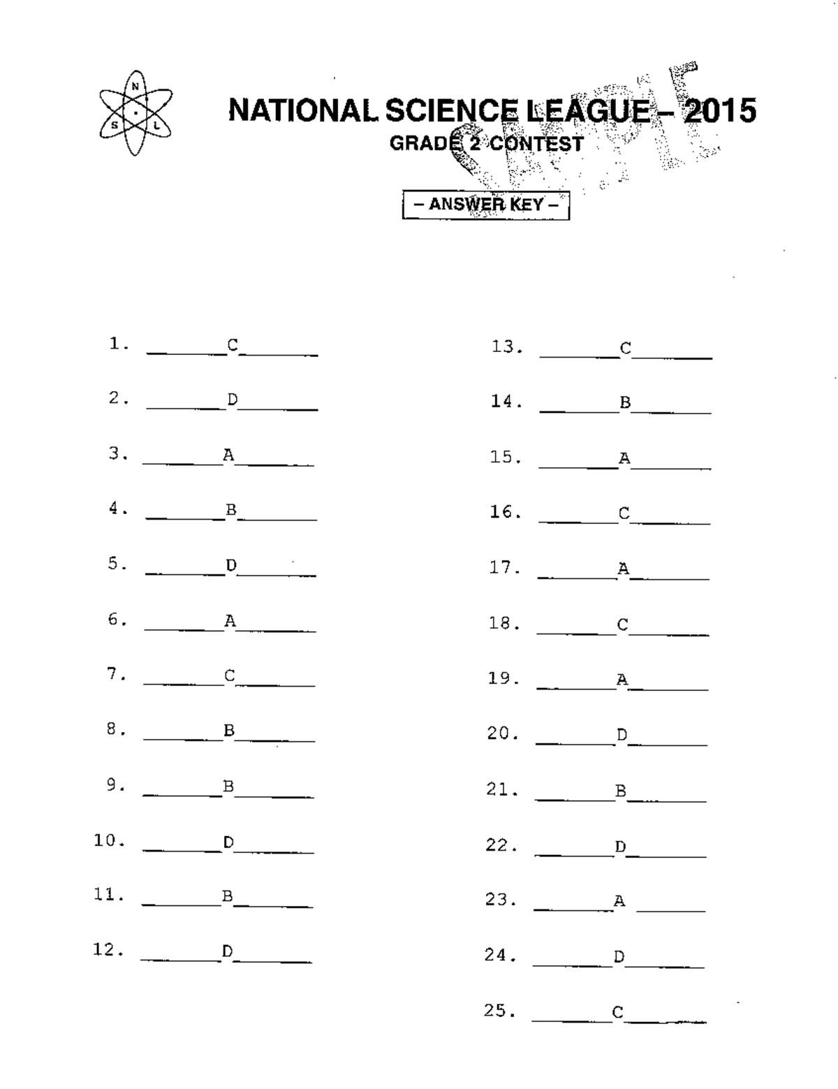 Science Grade 2 - Past paper - N NATIONAL SCIENCE LEAGUE 2015 S L GRADE ...