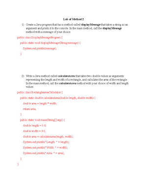 Methods Lab-Part 1 - Methods Lab Write a Java method called greetUser that prints a personalized ...