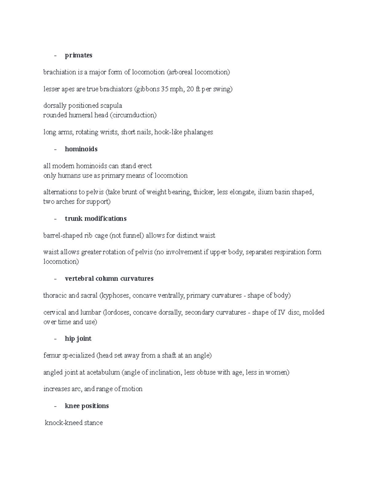 Bio 224 exam 2 - bio 224 exam 2 notes - primates brachiation is a major ...