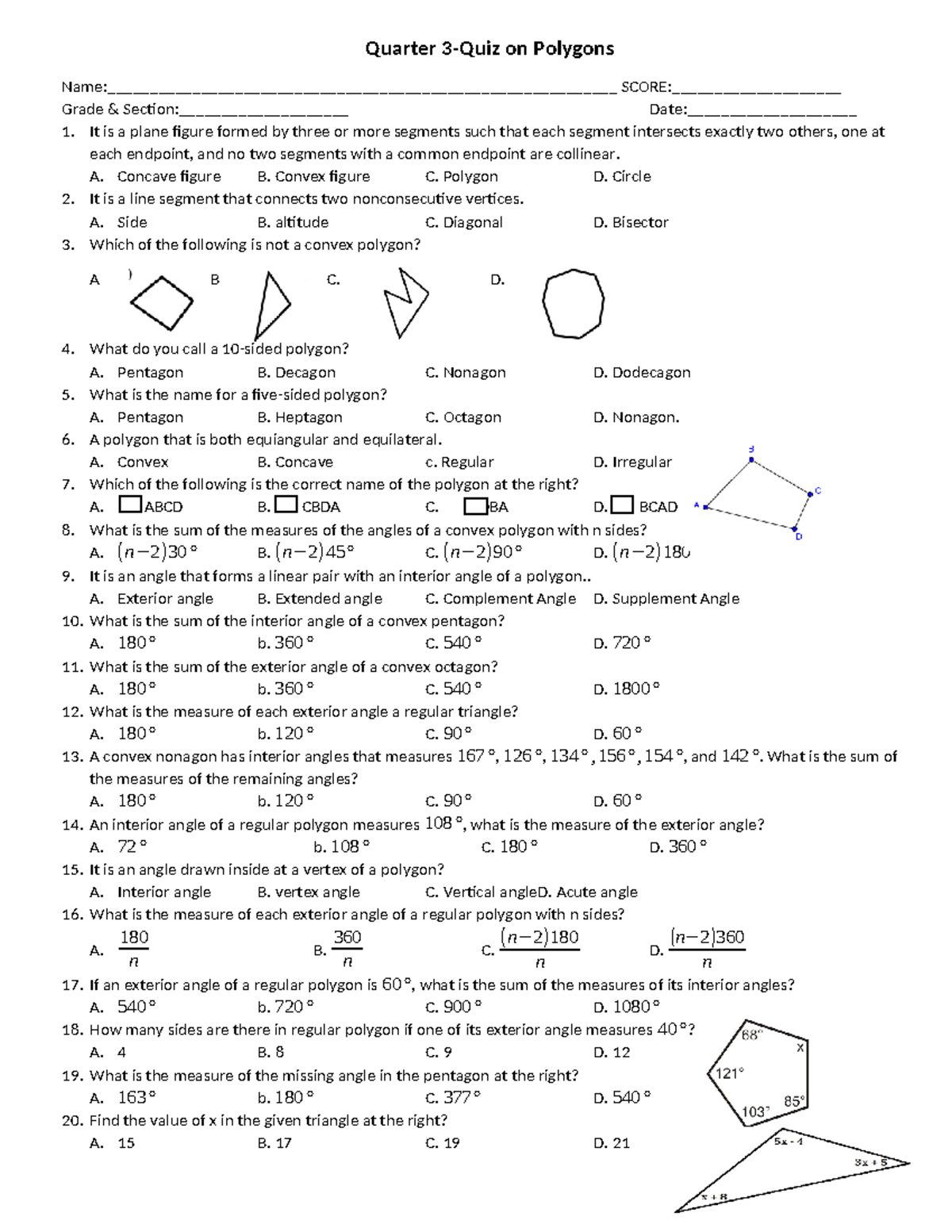 Q3-q UIZ-3 - Quarter 3-Quiz on Polygons - Studocu
