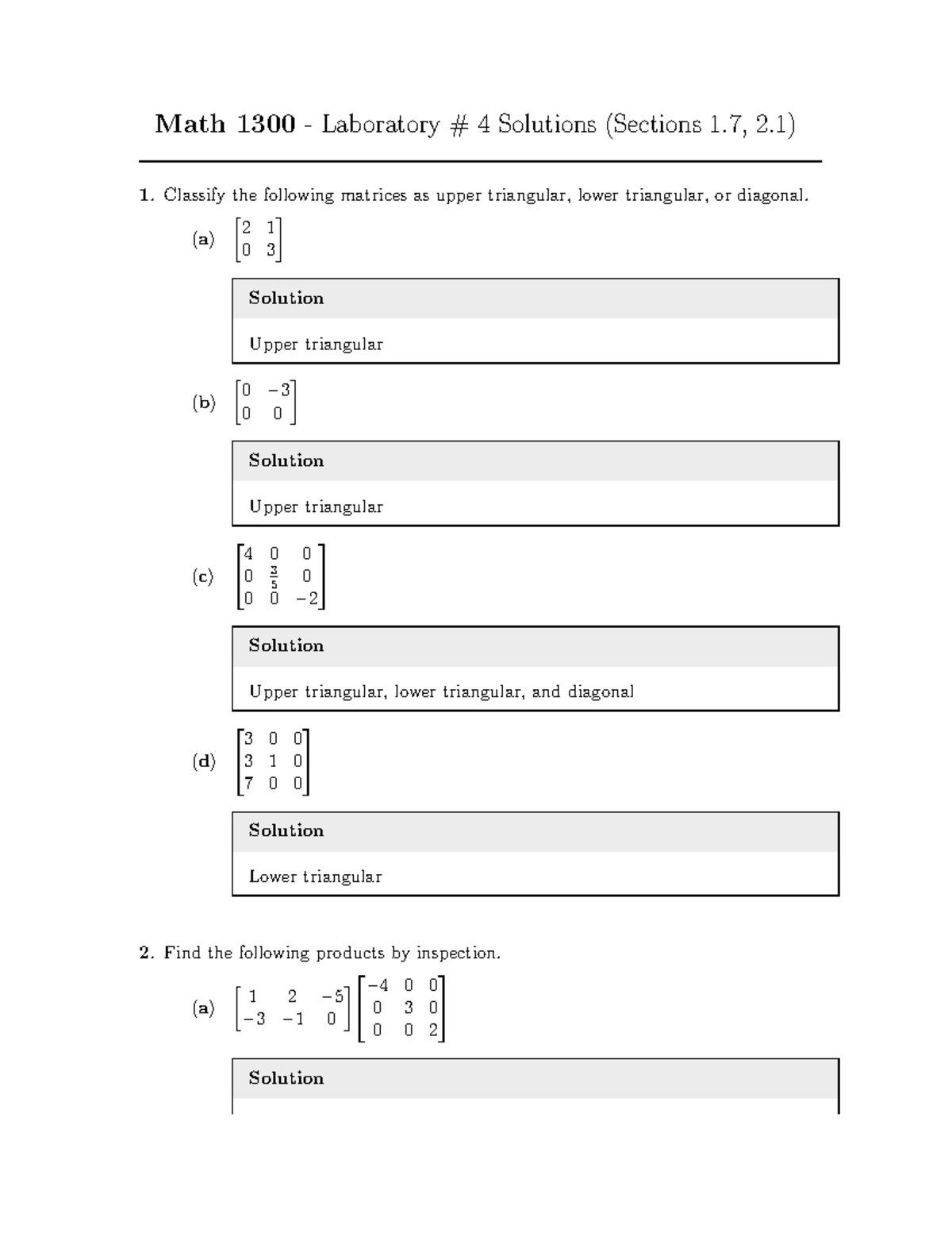 Math 1300 - Lab 4 Solution - Math 1300 - Laboratory # 4 Solutions (Sections 1, 2) Classify the ...