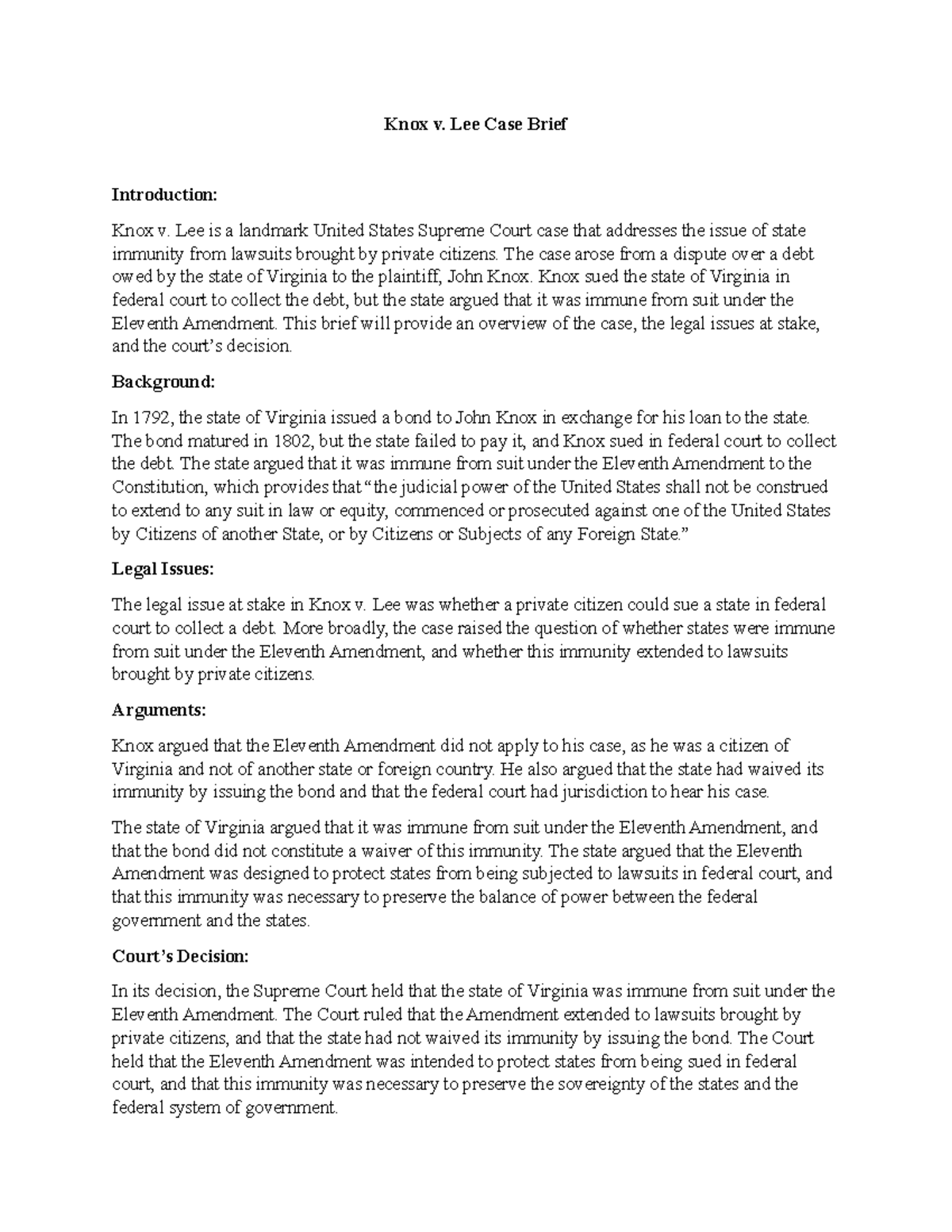 Knox v. Lee Case Brief - Knox v. Lee Case Brief Introduction: Knox v ...