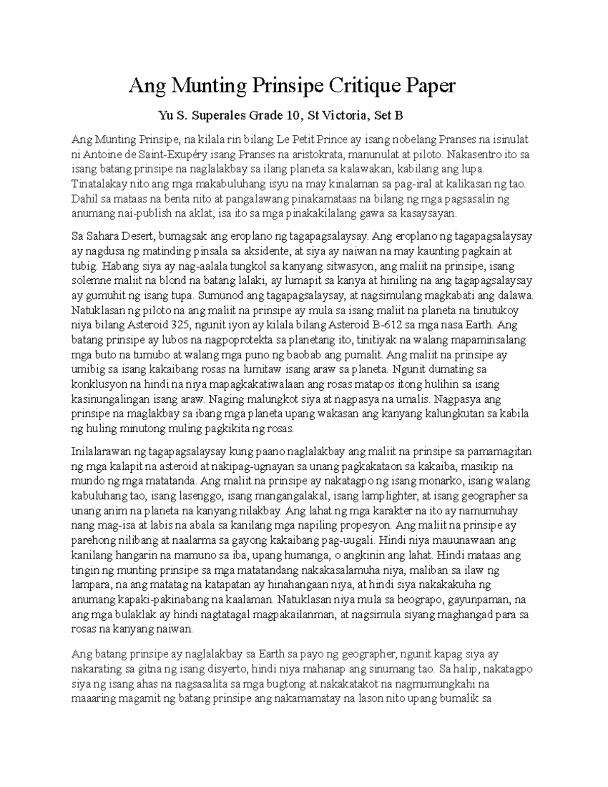 Ang Munting Prinsipe Critique Paper - Superales Grade 10, St Victoria ...