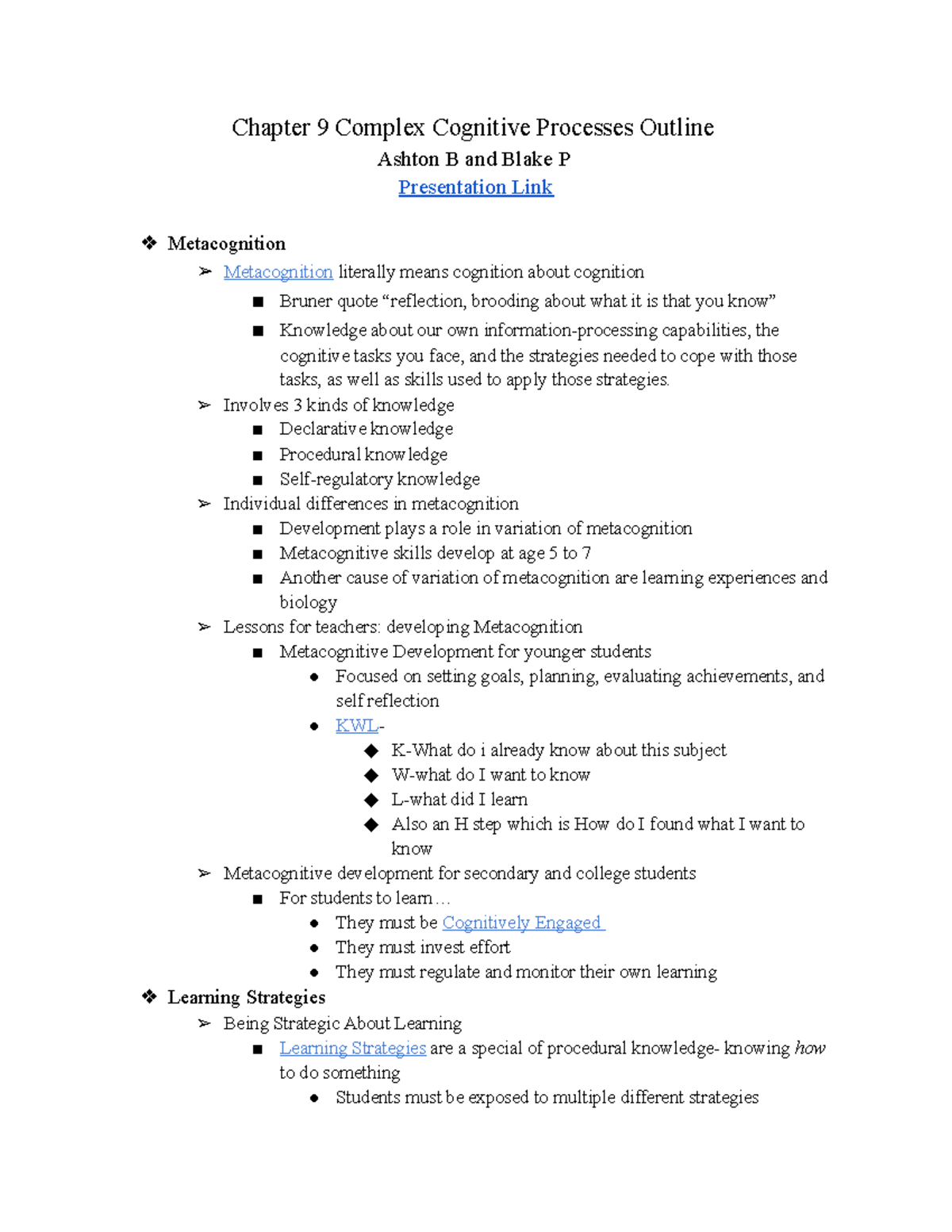 Chapter 9 Outline - Chapter 9 Complex Cognitive Processes Outline ...