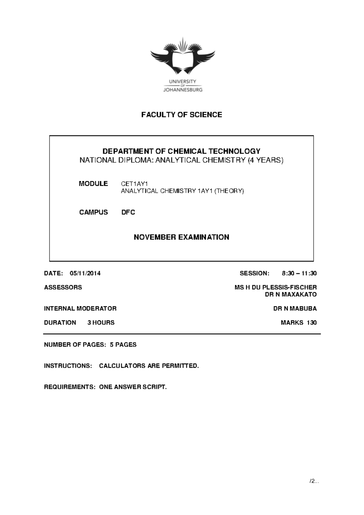 UJ Nov Exam Paper 2014 Analytical Chem - FACULTY OF SCIENCE DEPARTMENT OF CHEMICAL TECHNOLOGY ...