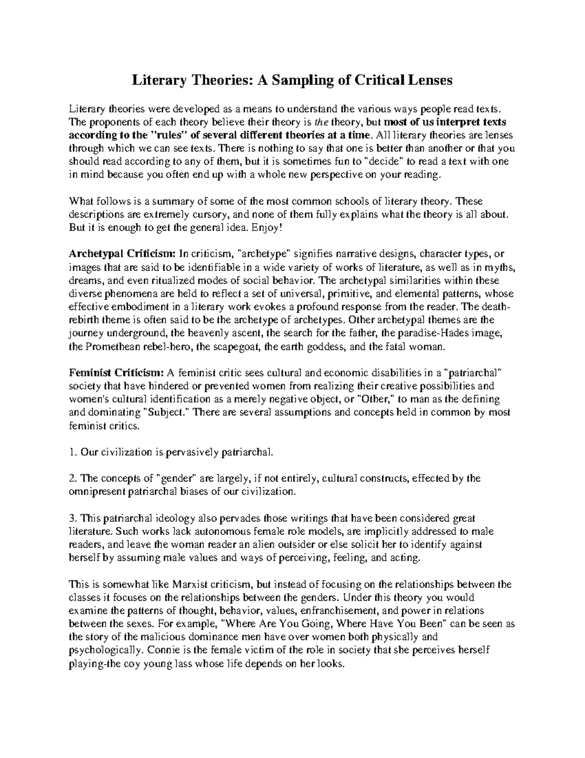 Literary theory handout - Literary Theories: A Sampling of Critical ...