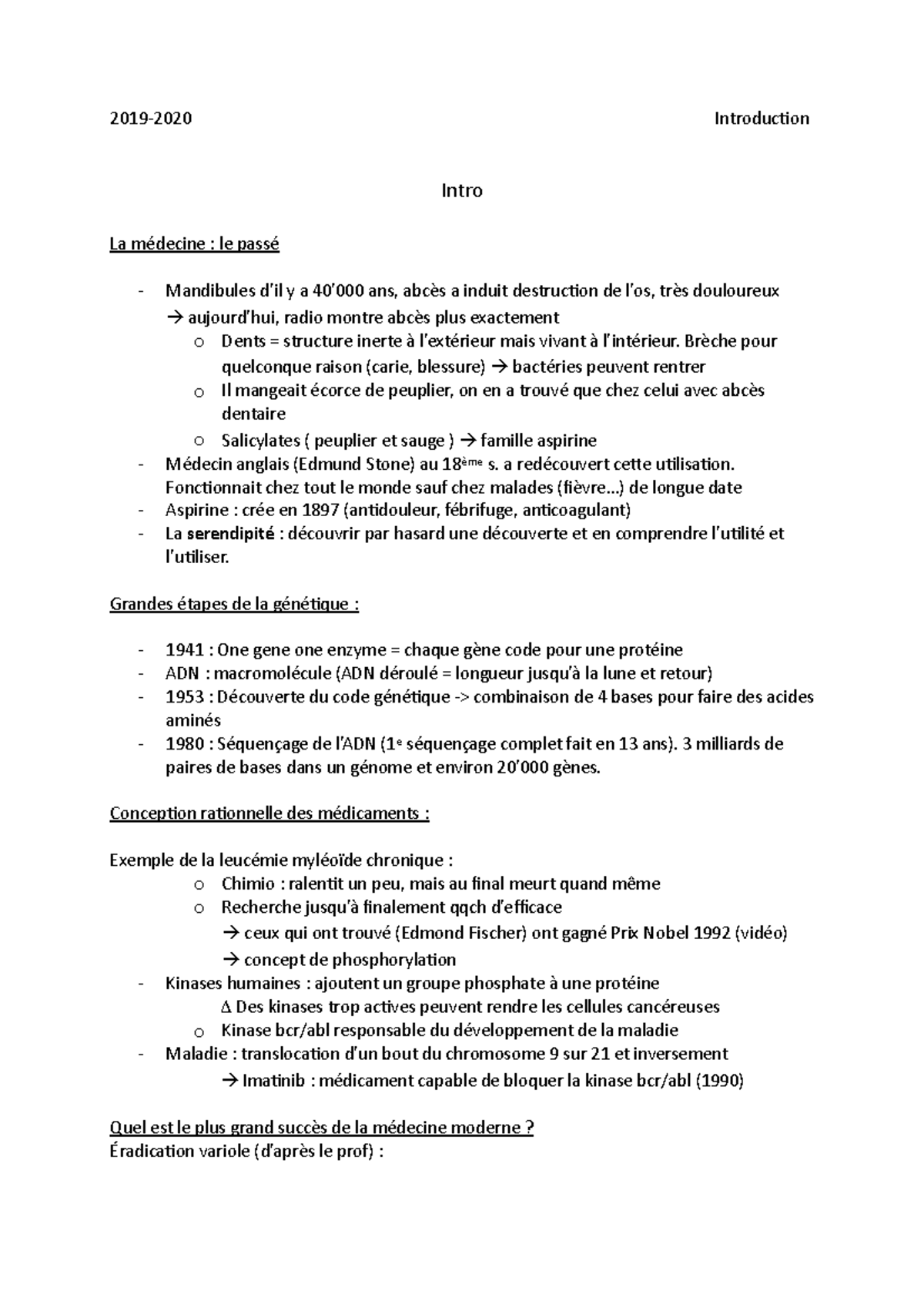 Synthèse début - Warning: TT: undefined function: 32 2019-2020 Introduc/on Intro La médecine ...