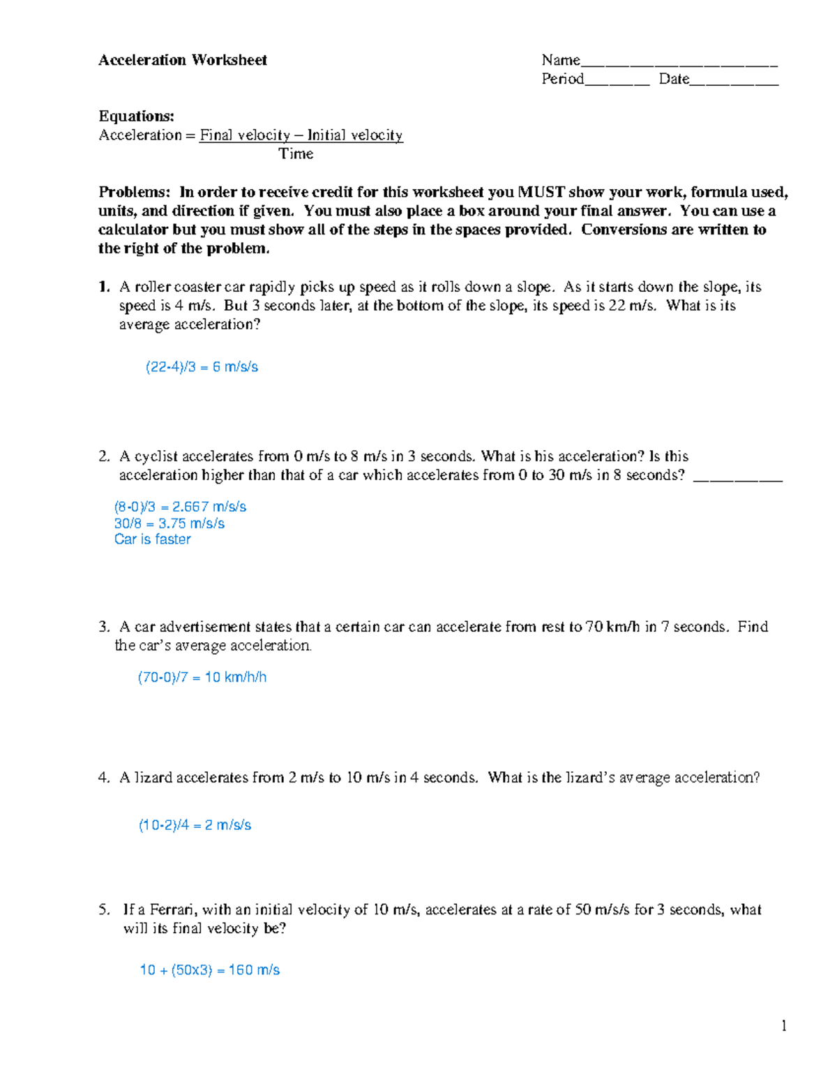 Acceleration Worksheet - You must also place a box around your final ...