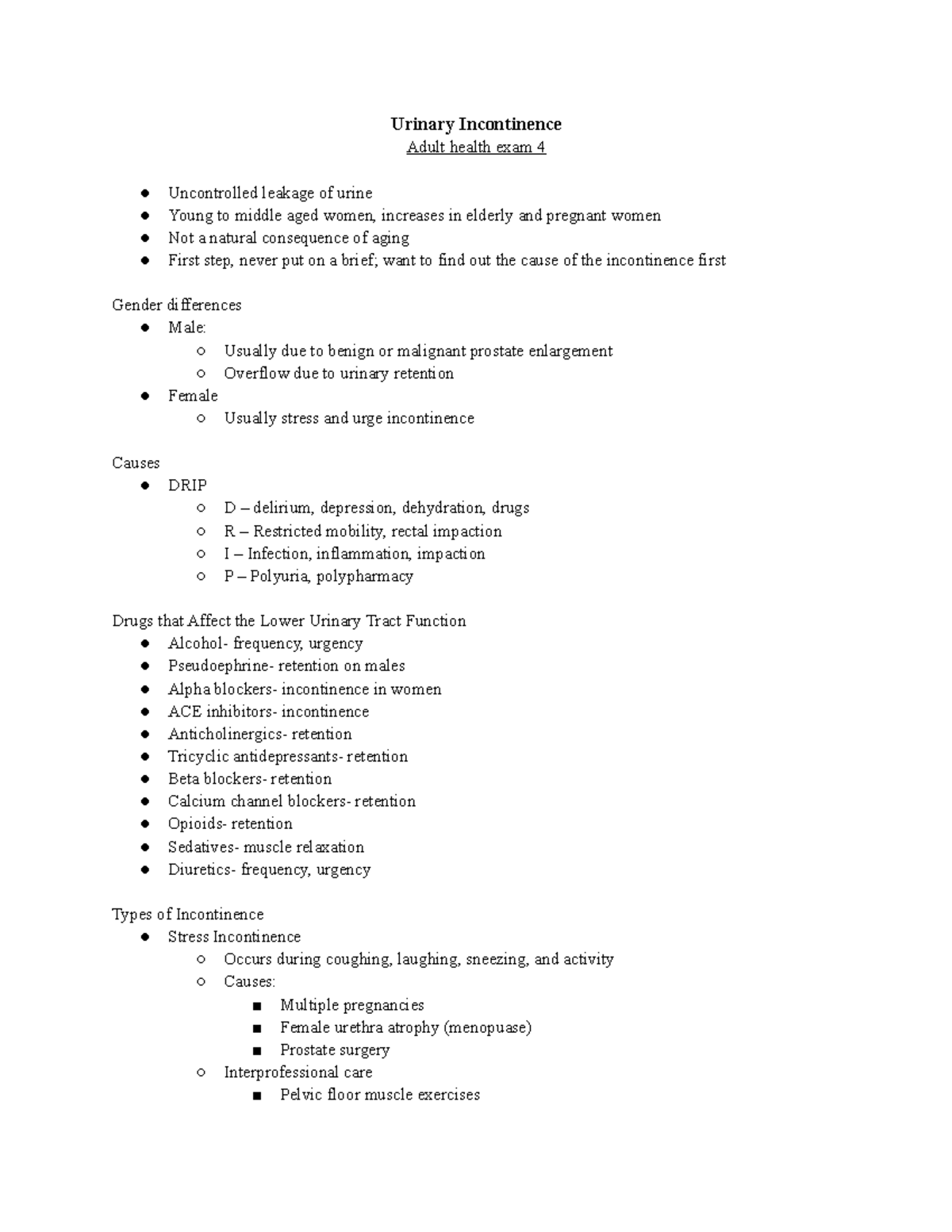 Urinary Incontinence - study guide - Urinary Incontinence Adult health ...